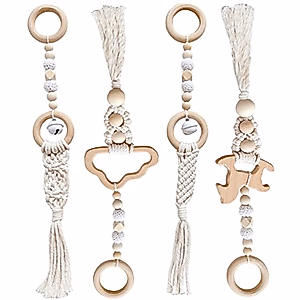 Beavorty 4Pcs Baby Wooden Gym Teething Rings with Tassels Macrame Fitness Woven Crib Hanging Rattles Pendants Toys Crib Hanging Ornaments