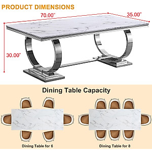 Maotifeys 70" White Marble Dining Table, Rectangle Marble Top, Silver U-Shape Stainless Steel Pedestal, Mid-Century Modern, 70" x 35" x 30"