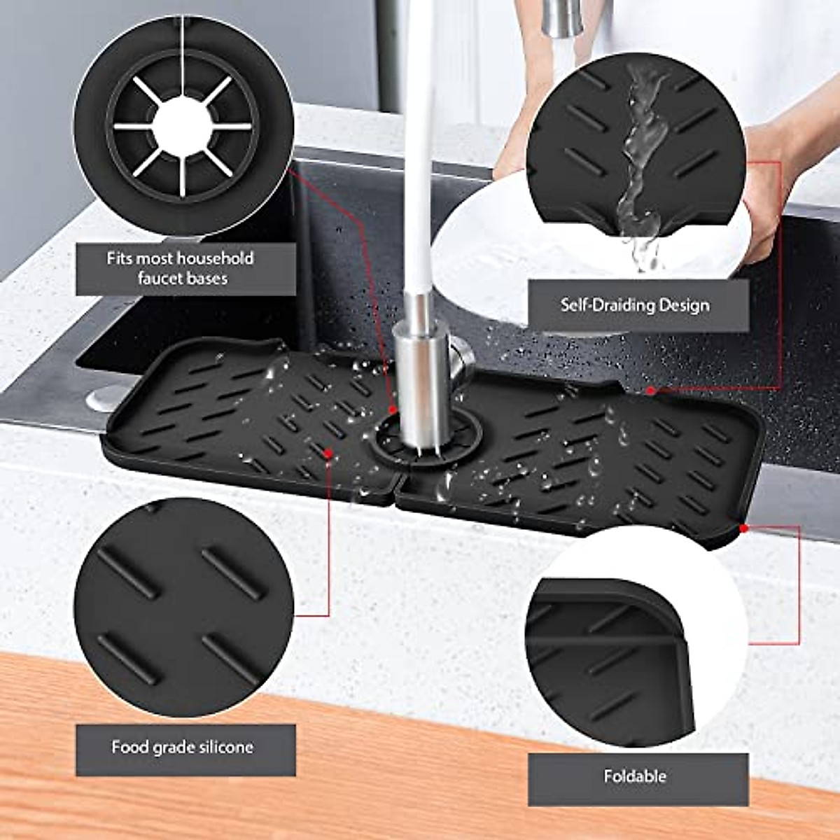 Kitchen Sink Splash Guard, Silicone Faucet Handle Drip Catcher Tray, fits faucet bottom diameter in 3.2 inch, Sponge Holder Sink Protectors Mat for Kitchen Bathroom Sink Accessories（15.4" x 5.5"）