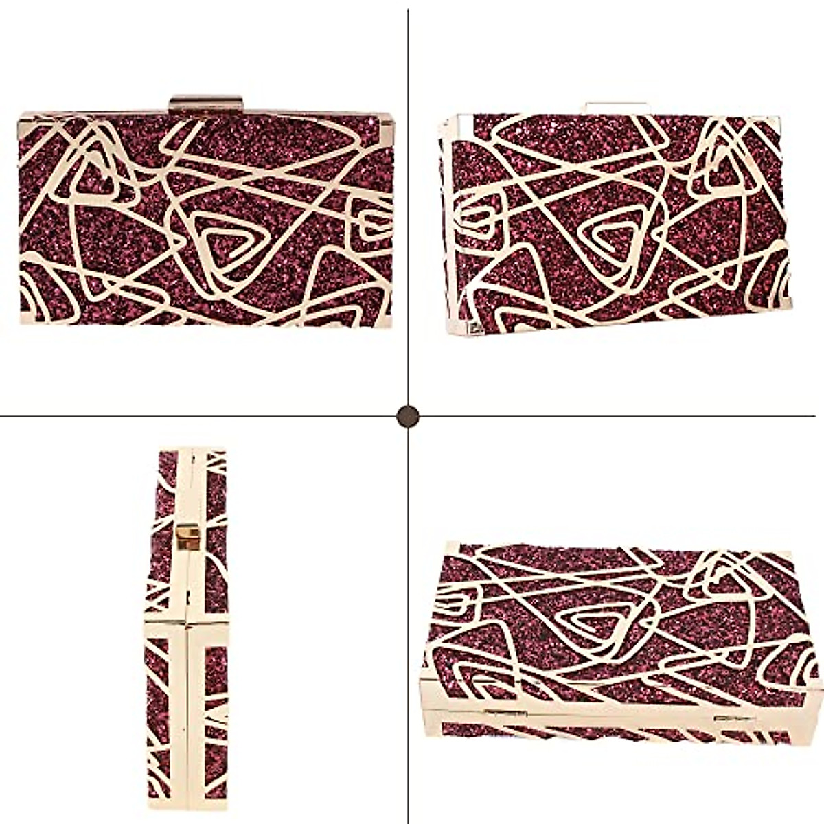 Reberomantic Women Metal Handbag Chain Geometric Evening Clutch Purse (W-Dark Red)