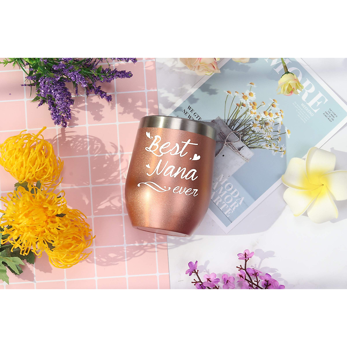 Best Nana Ever Wine Tumbler Best Nana Ever Tumbler with Straw Nana Tumbler Nana Gifts Birthday Mothers Day Gifts for Nana Grandma from Grandkids Granddaughter Grandson 12 Ounce with Gift Box Rose Gold