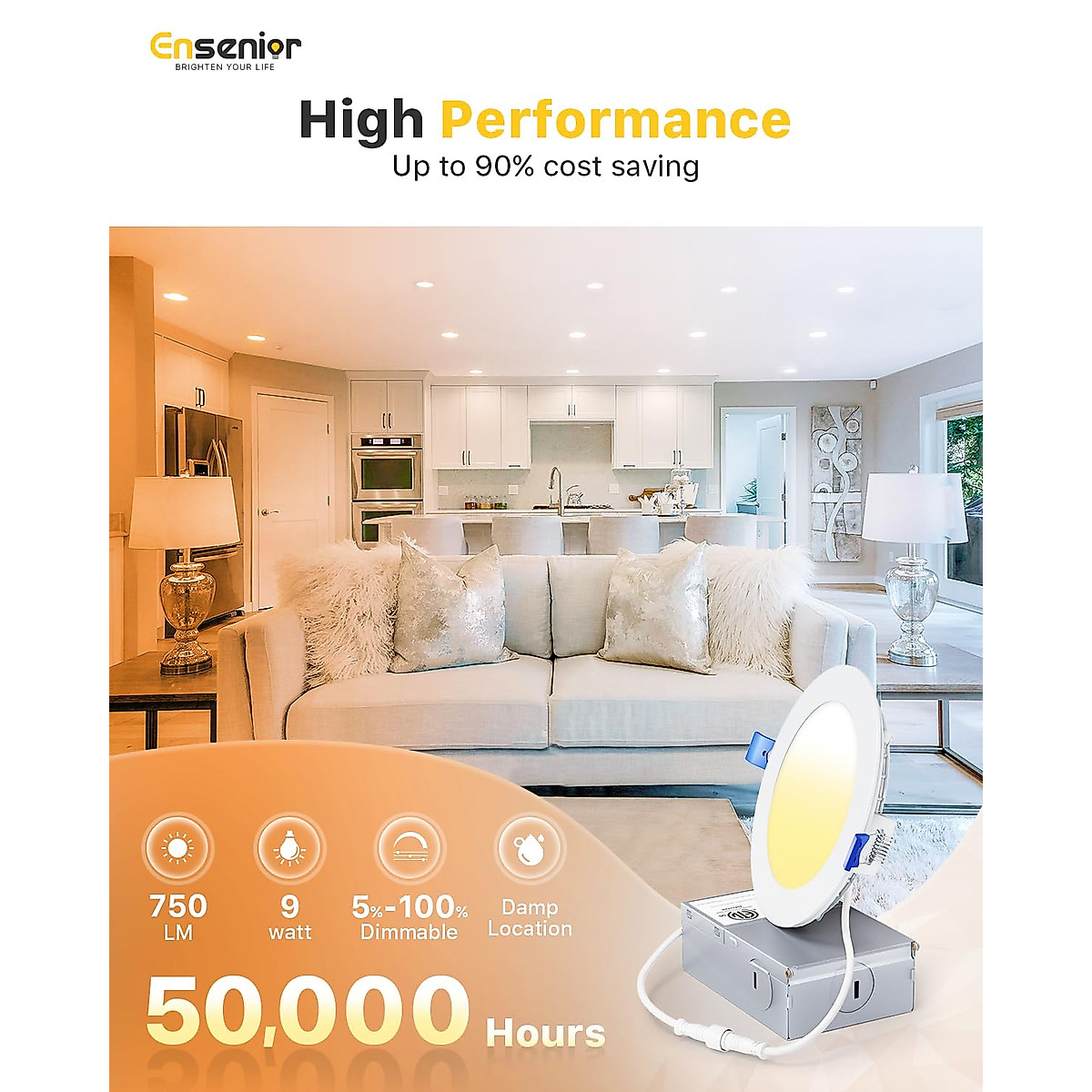 Ensenior 12 Pack 4 Inch LED Recessed Ceiling Light, Dimmable, 2700K-5000K 5CCT, 750LM 9W 120V, High Brightness Canless Wafer Downlight - ETL&FCC&IC