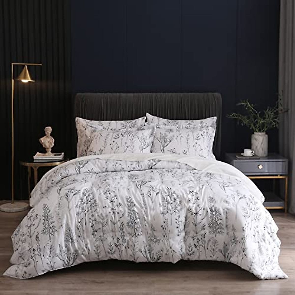 HYPREST Floral Duvet Cover King Size, White and Black Duvet Cover, 3 Pcs Farmhouse Leaf King Duvet Cover Soft Breathable Lightweight Shabby Chic Bedding Duvet Covers (Oeko-Tex Certificated)