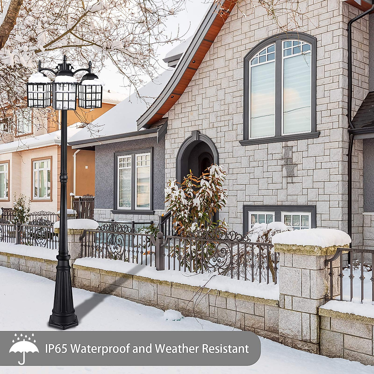 3-Head Outdoor Lamp Post Light Fixture, Dusk to Dawn Aluminum Post Lights Hard Wired, Sensor Pole Lights for Yard, Street Light Posts for outside with Water Ripple Glass Shade, E26 Base