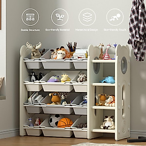 LulliSpace Kids Toy Storage Organizer with 12 Removable Plastic Bins, Modern Toy Organizer Kids Book Rack Storage Bookshelf,Kids and Toddler Toy Storage for Playroom,Daycare and Nursery,4 Tiers