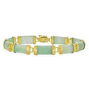 Asian Style Gemstone Genuine Light Green Jade Strand Contoured Tube Bar Link Bracelet For Women 14K Yellow Gold Plated .925 Sterling Silver 7.5 Inch