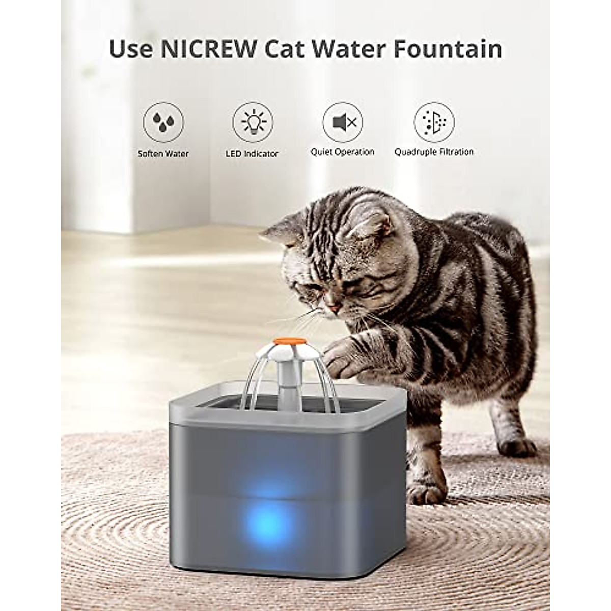 NICREW Cat Water Fountain, Ultra Quiet Cat Fountain with LED Light, 2L Capacity Pet Water Fountain with Filter, Automatic Drinking Water Dispenser for Cats and Dogs, Grey