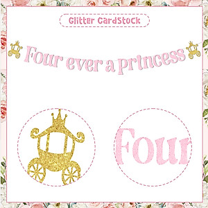 Sursurprise Princess 4th Birthday Party Decorations, Four Ever A Princess Banner Pink Gold for Girls, Princess Themed 4 Years Old Birthday Party Supplies