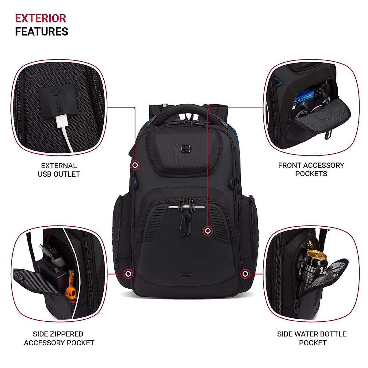 SwissGear Gaming Laptop Backpack with Charger Port (USB), Blue/Black