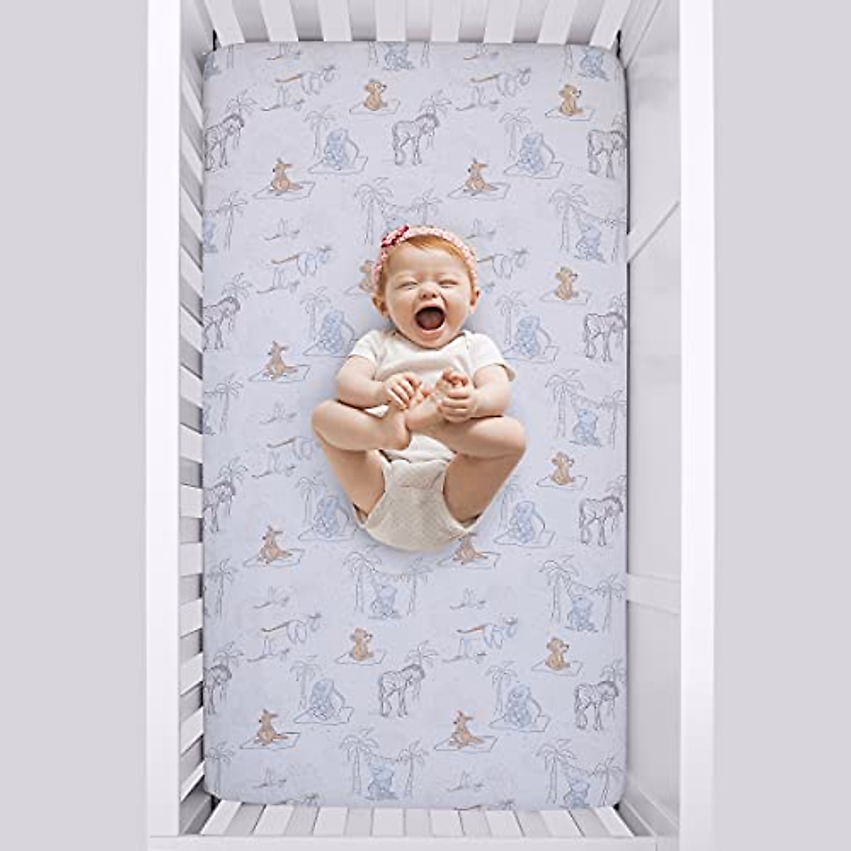 Disney Dumbo Mommy's Little Peanut Ivory, Gray, Blue Kangaroo, Bear, Zebra, Stork with Palm Trees 6Piece Nursery Crib Bedding Set, Ivory, Blue, Grey, Tan