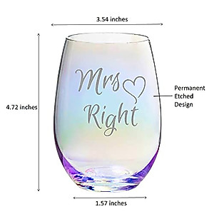 Valentines Day Gifts for Lesbian, Mrs Right Mrs Always Right Engraved Rainbow Wine Glasses Wedding Gifts Set for Lesbian Gay Couple