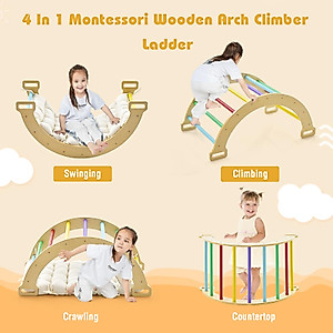 INFANS 4 in 1 Arch Climbing Toys for Toddlers, Montessori Wooden Arch Climber Ladder Structure and Rocker with Cushion Pad, Waldorf Children Indoor Gym Learning Playset for Kids Boys Girls
