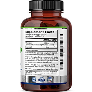 Zazzee High Absorption Artemisinin, 100 mg per Capsule, 120 Vegan Capsules, with 5 mg BioPerine for Maximum Absorption, Sweet Wormwood Extract, 4 Month Supply, All-Natural and Non-GMO