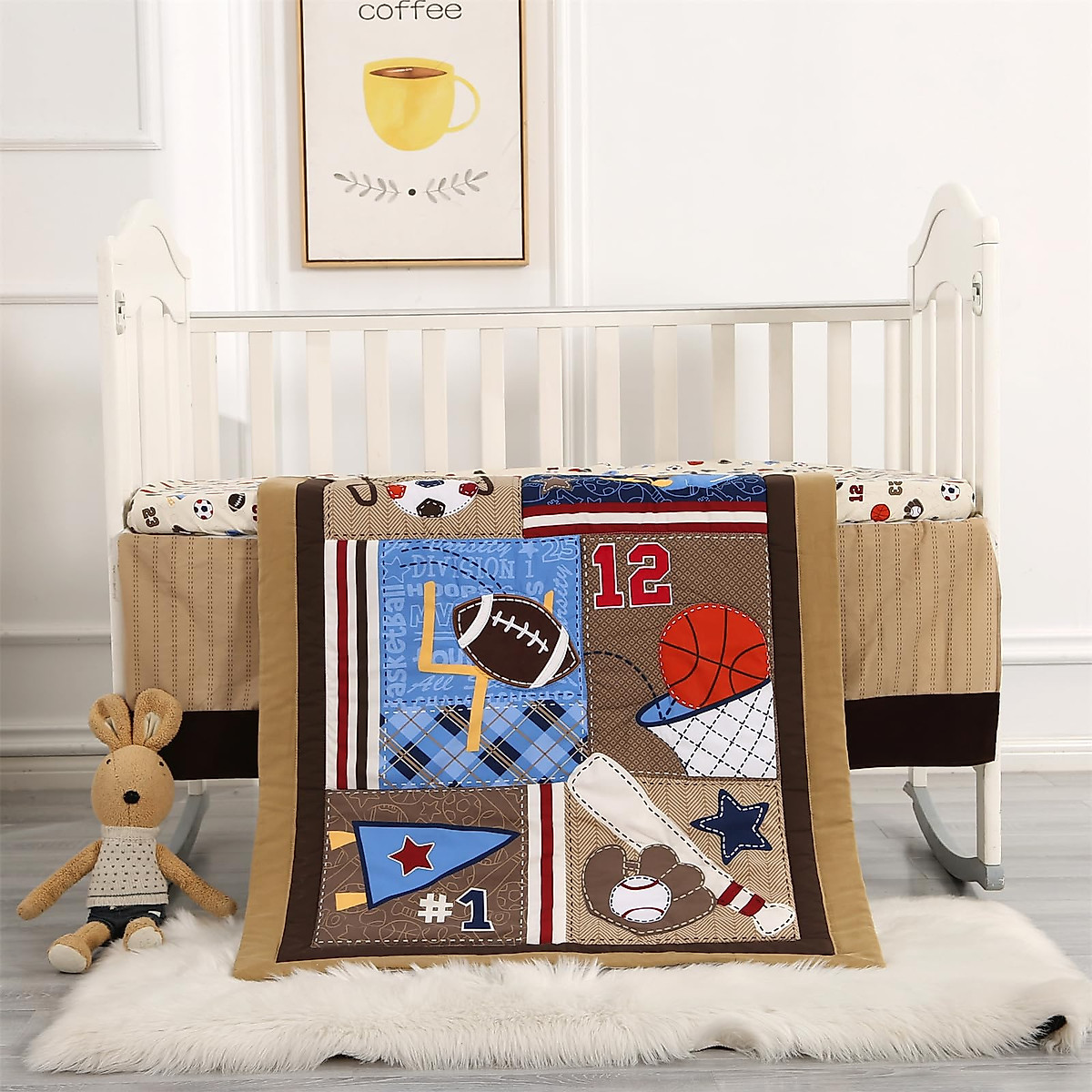 Wowelife Baby Crib Bedding Set for Boys and Girls Sports Premium 3-Piece Baby Bedding Set Brown Football Basketball Rugby Crib Bed Set Baseball, Breathable and Soft
