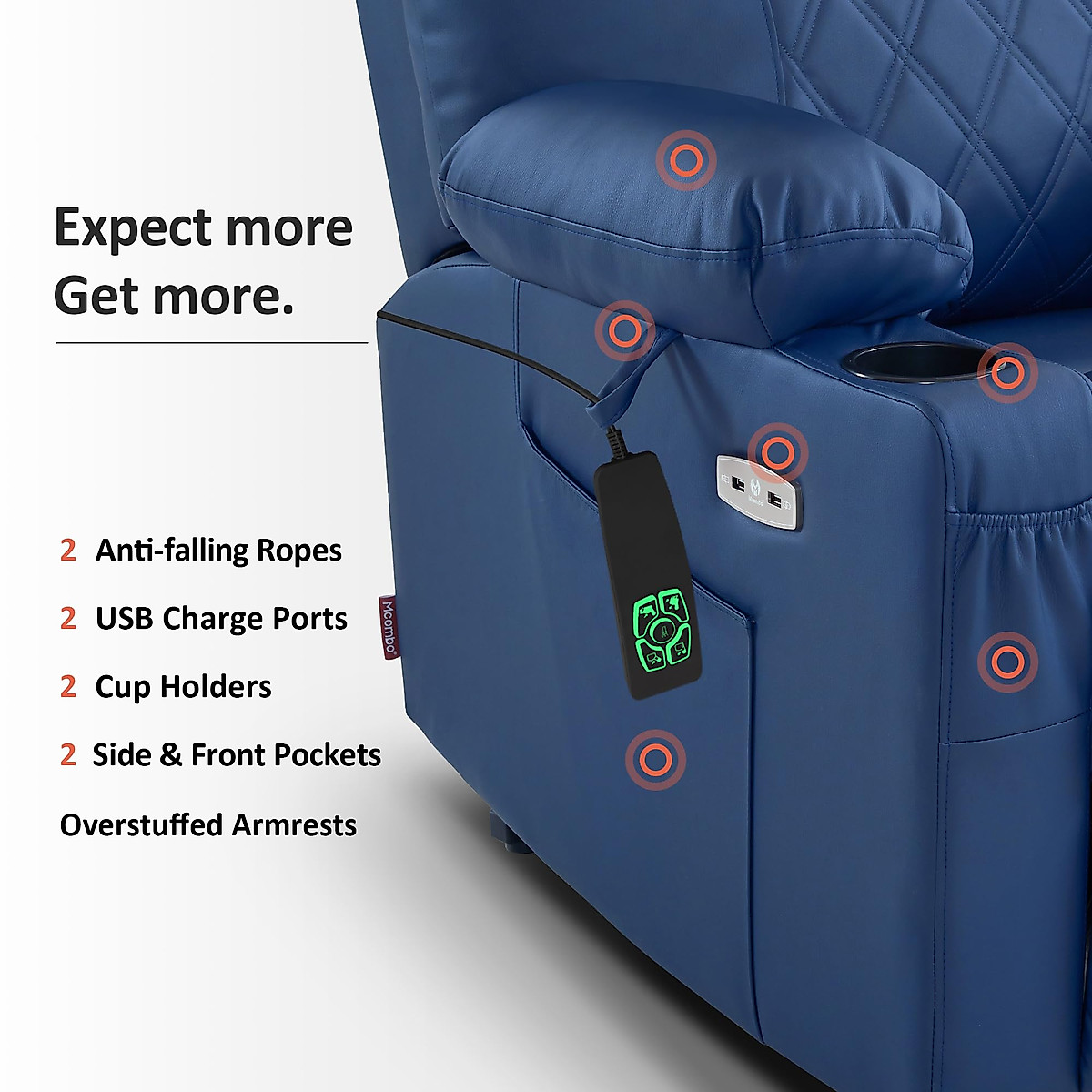 MCombo Small Size Electric Power Lift Recliner Chair Sofa with Massage and Dual Heating, Adjustable Headrest for Elderly People Petite, USB Ports, Faux Leather 7111 (Blue)