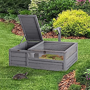 LEISU Wooden Tortoise House with Light Support Frame Lockable Tortoises Enclosure Turtle Habitat with Wire Top and Handle, Outdoor Reptile Cage (Grey)
