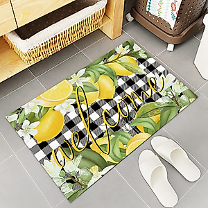 Aomike Summer Lemon Kitchen Mats 2 Piece, Lemon Green Leaves Flower Welcome Kitchen Rugs Set Buffalo Plaid Check Inside Floor Mat for Kitchen/Office/Entryway, 15.7" x 23.6"+15.7" x 47.2"