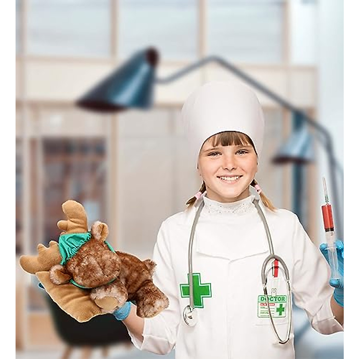 DolliBu Sleeping Moose with Pillow Doctor Plush Toy - Super Soft Moose Doctor Stuffed Animal Dress Up with Scrub Cap and Face Mask Outfit - Fluffy Doctor Toy Plush Gift with Personalization - 10 Inch