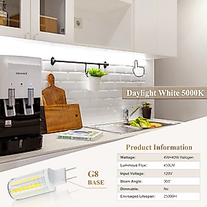 DiCUNO G8 LED Bulb 4W Flat Base, 40W Halogen Equivalent, 450LM, Daylight White 5000K, Non-dimmable Bi-Pin Replacement Bulb for Under Counter, Under-Cabinet Light and Puck Light, 6-Pack