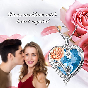 TOUPOP Rose Flower Necklace S925 Sterling Silver Floral Heart Pendant Necklace with March Birthstone Crystal Birthday Jewelry Gifts for Women Wife Mom