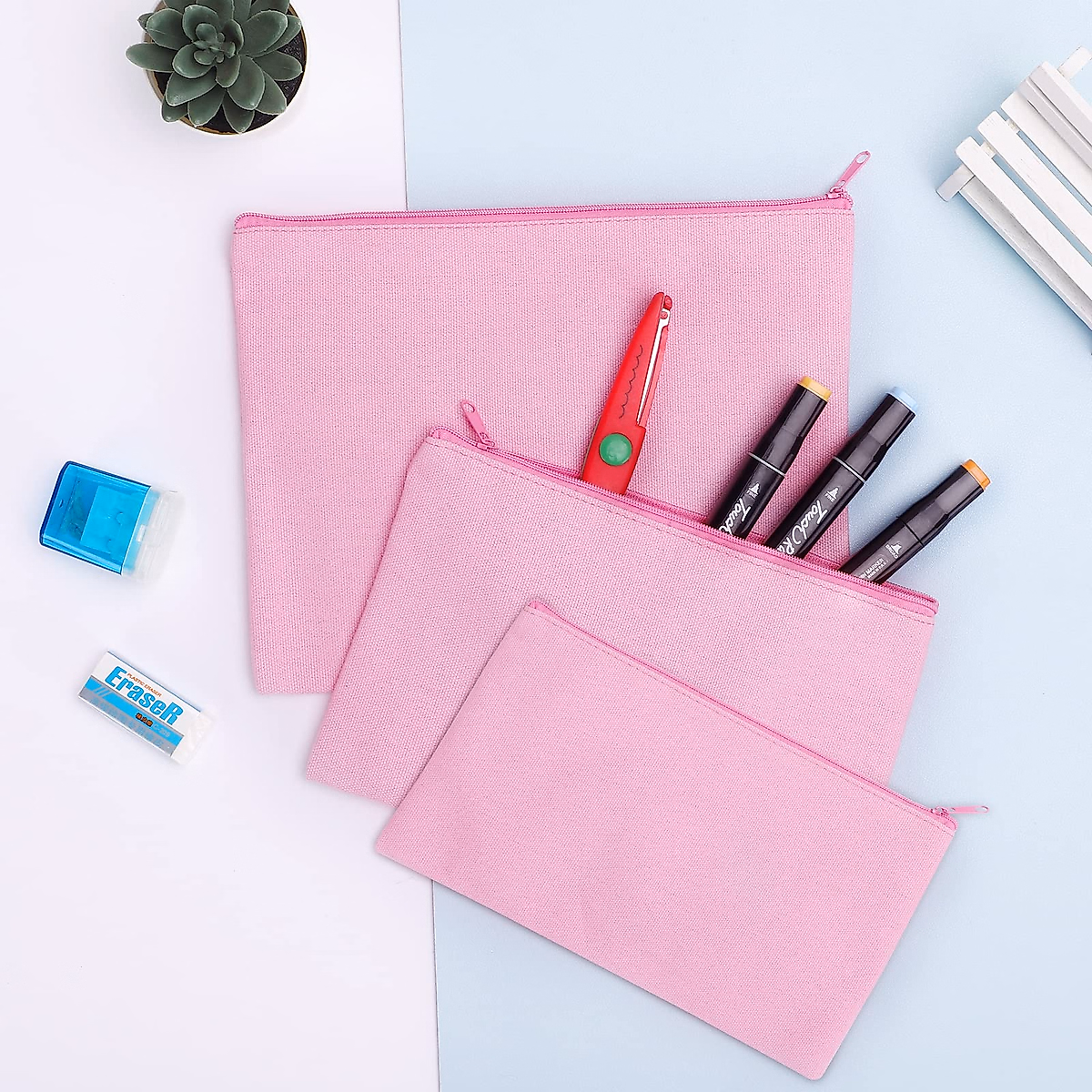 Sinzip 12 Pieces Cotton Canvas Makeup Bag, Multipurpose Cosmetic Bag with Zipper Travel Toiletry Pouch, Blank DIY Craft Bag (Pink, S)