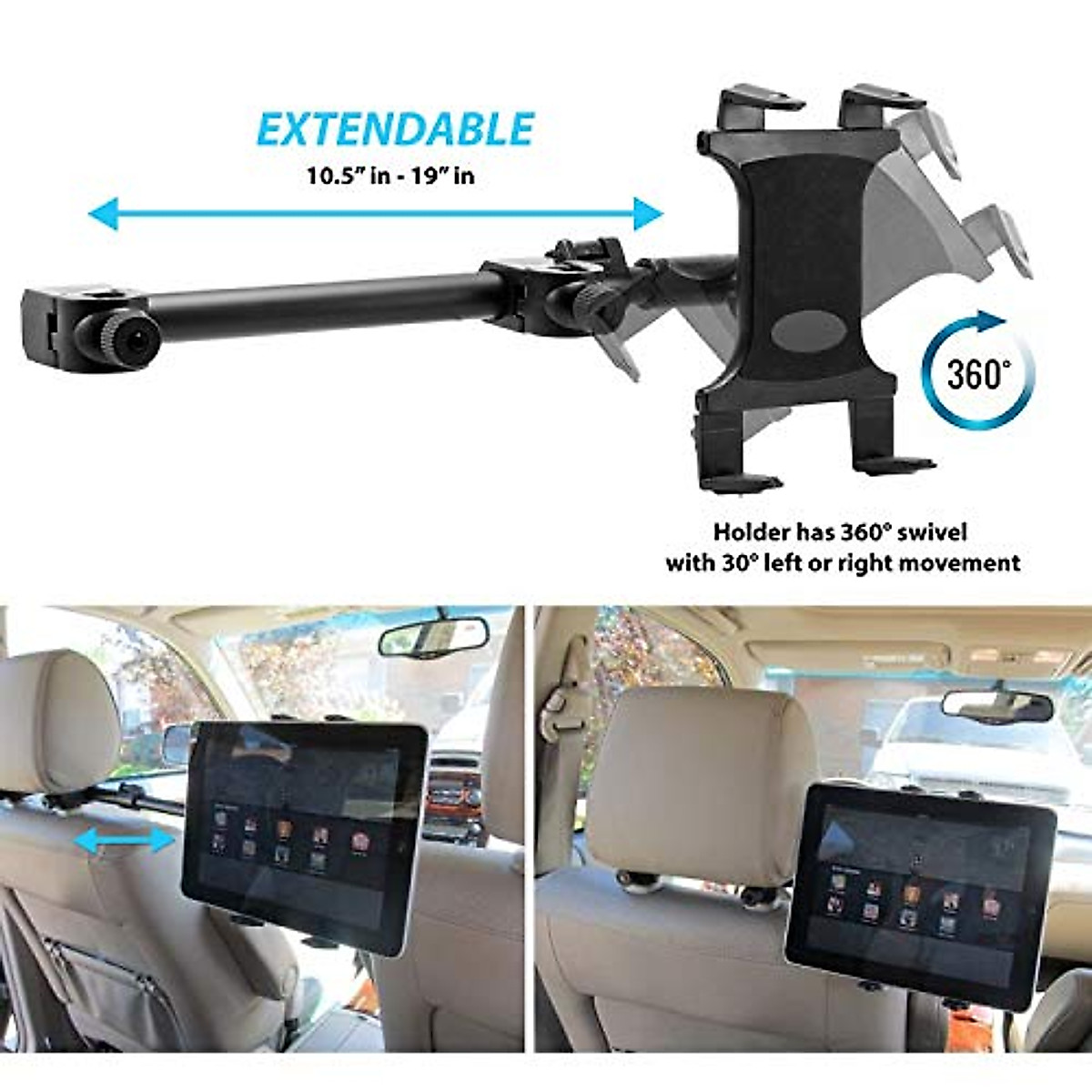Premium Car Headrest Tablet Mount and Back Seat iPad Car Holder, Jarv [Multi Passenger] Telescopic Fold-Up Rear Seat Tablet Holder for Car Headrest - iPad PRO iPad Air iPad Mini (All 7-18” Tablets)