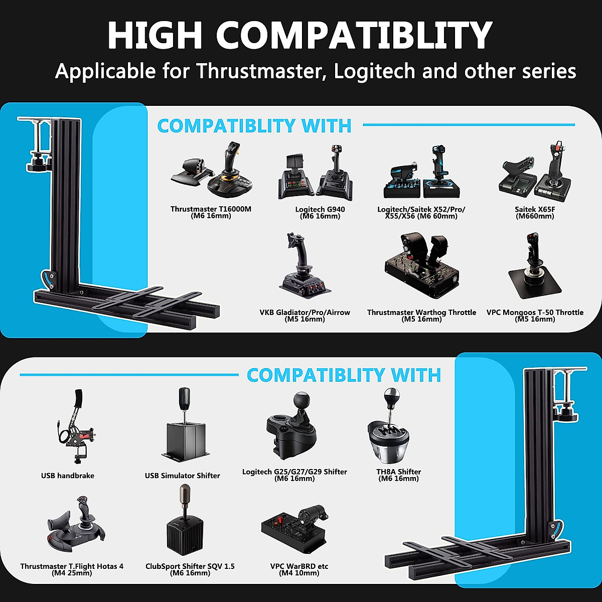 Set of 2 Desktop Mount for Flight Simulator Joystick for Logitech X56/X52/X52 Pro/Thrustmaster T-Flight Hotas, Thrustmaster T.16000M, Thrustmaster TCA, Throttle and Hot Air System Flight Simulator Joystick.