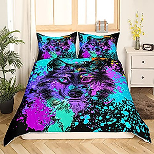 Erosebridal Wolf Bedding Set Full Size Tie Dye Duvet Cover Safari Animals Print Comforter Cover for Kids Boys Juvenile Splash Graffiti Hip Hop Bedspreads Cover with 2 Pillow Cases Colorful Teal Black