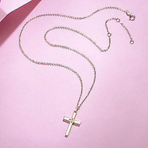 FANCIME 14K SOLID REAL Yellow Gold Star Natural Diamond 0.025ct Cross Crucifix Delicate Necklace Dainty Pendant Fine Jewelry Birthday Gifts For Women, With 16+2" Solid Gold Cable Chain