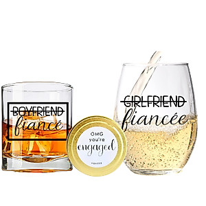 Engagement Gift Set for Couples - Boyfriend and Girlfriend Wine and Whiskey Glass With Candle - Fiance Fiancee Gift for Him and Her - His and Hers With Vanilla Scented Candle For Mr and Mrs