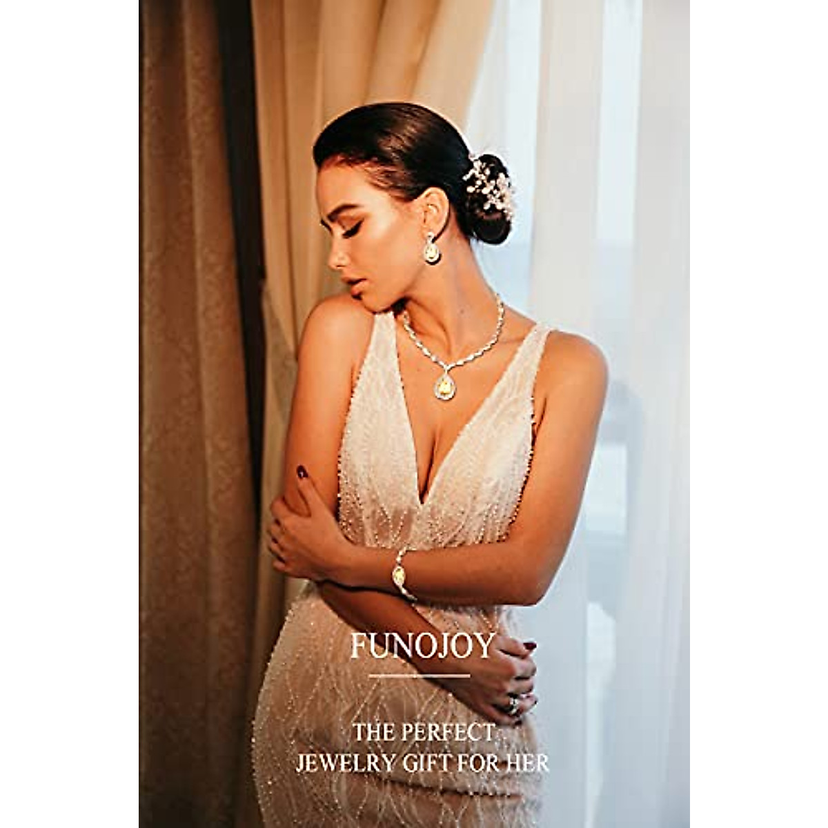 FUNOJOY Gold Jewelry Sets for Women Wedding Teardrop Crystal Necklace and Earrings Bracelet Rings Set Costume Jewelry for Prom Wedding