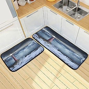 xigua 2 Pieces Stormy Landscape Lighthouse Kitchen Rugs and Mats Set Absorbent Soft Microfiber Bath Mat Non-Slip Kitchen Mat Doormat Runner Set, 19.7"x47.2"+19.7"x27.6"