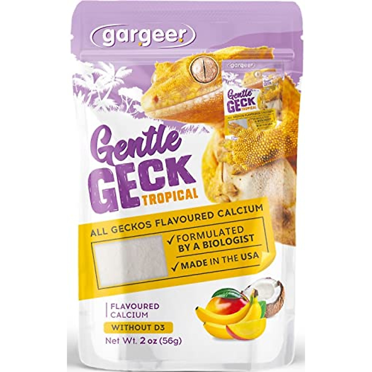 Gargeer 4oz Gecko Calcium without Vitamin D3, Phosphorus-free, Ultrafine Powder. Ready to Use Supplement for Geckos & Fruit-Eating Reptiles. Flavored with Real Organic Tropical Fruits. Made in the USA