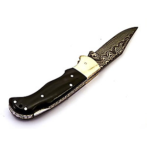 Skokie Knives Custom Hand Made Damascus Steel Hunting Folding Knife Handle Bull Horn