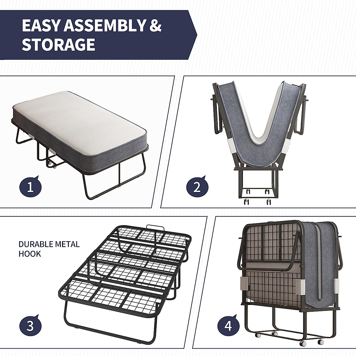 ZAFLY Folding Bed with 4” Memory Sponge Mattress, Portable Guest Bed Camping Cot for Adults, Soft Padded Rollaway Sleeping Bed for Travel and Hospital Nursing, 75 x 38” Twin XL Size(Standard)