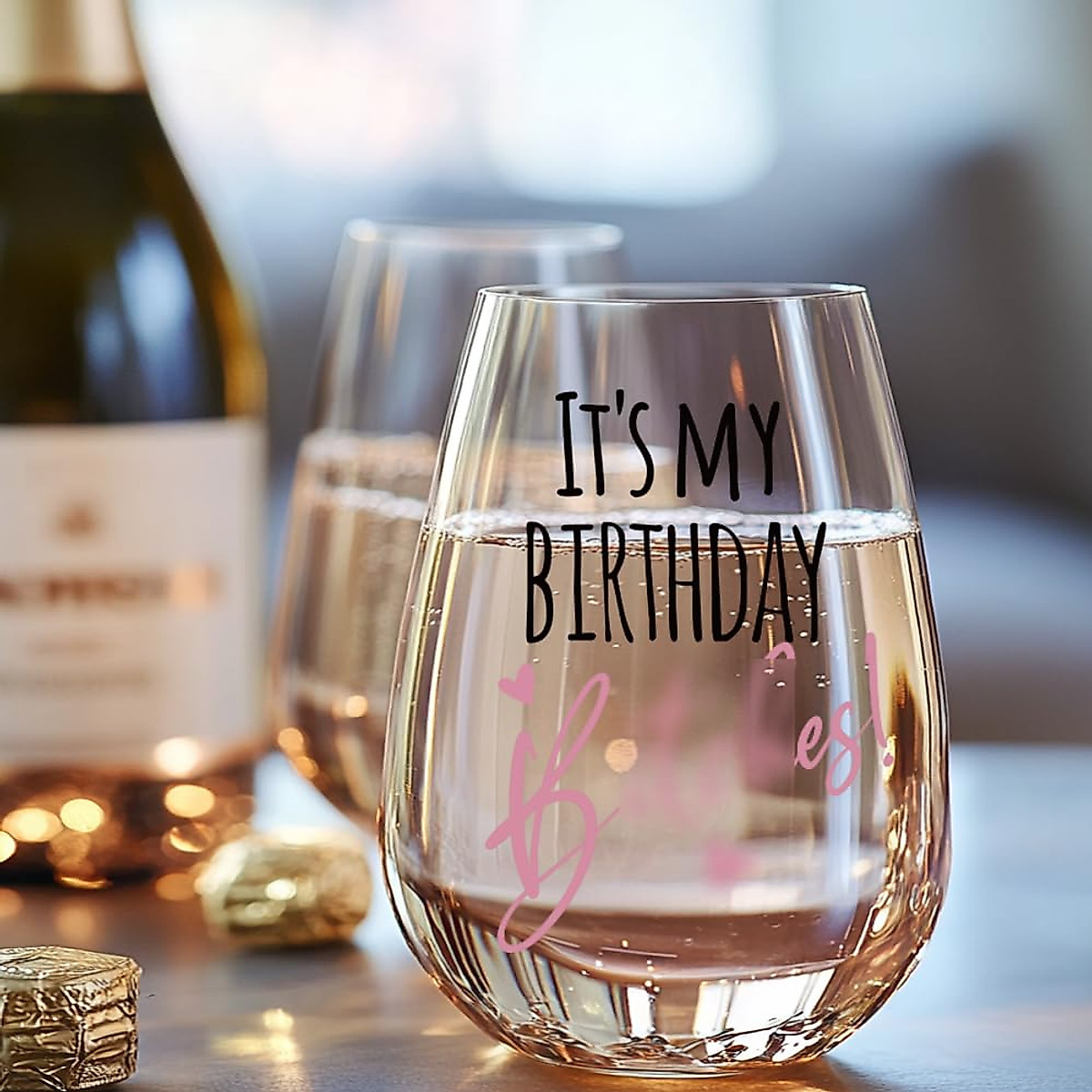 QIMIUTB It's My Birthday B*itches Stemless Wine Glass, Funny Birthday Gifts for Women Mom Grandma Her Friends Girls, Birthday Stemless Wine Glass Present for Female Friend-2