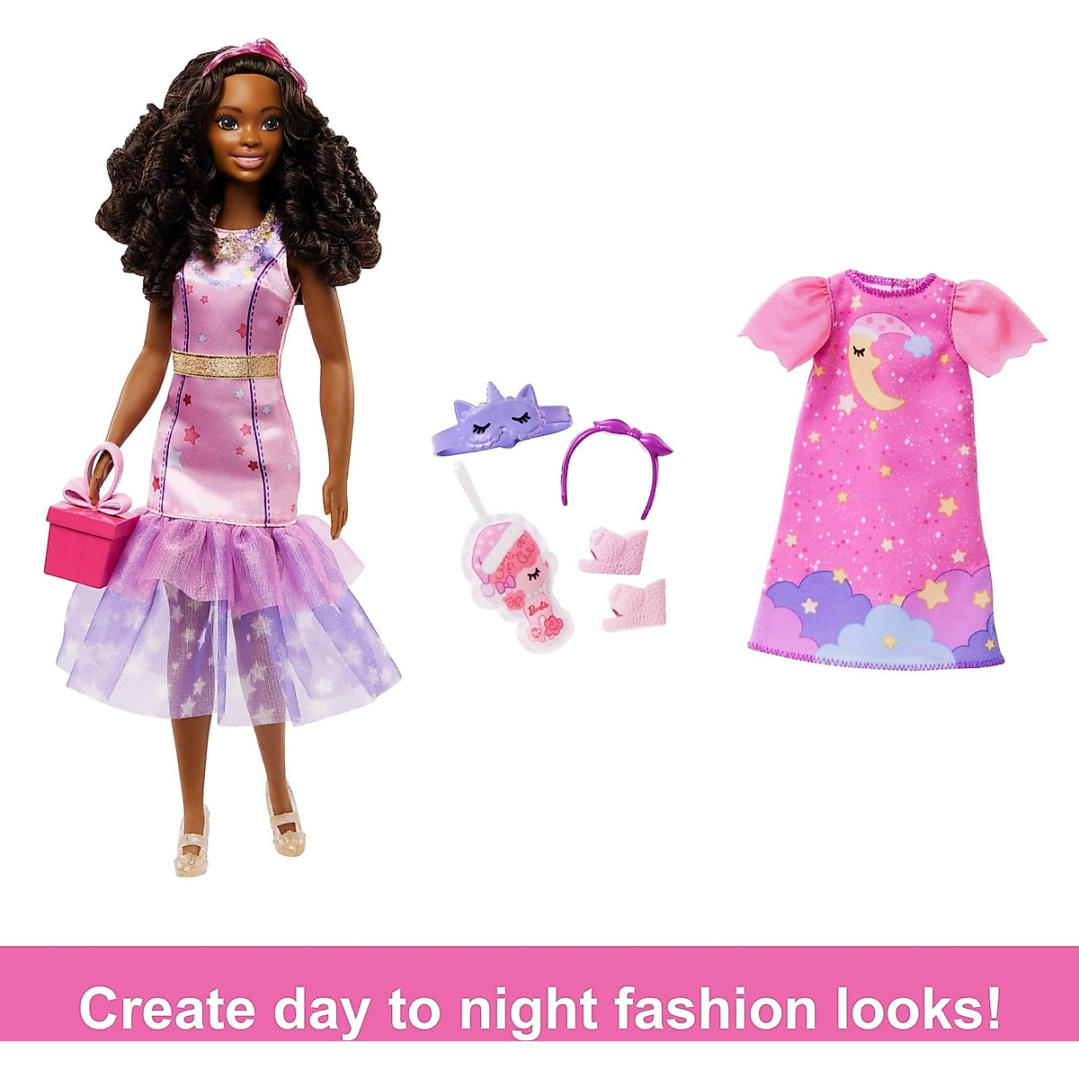 Barbie: My First Barbie Preschool Doll, "Brooklyn" with 13.5-inch Soft Posable Body, Deluxe Party & Bedtime Clothes & Accessories, Black Hair