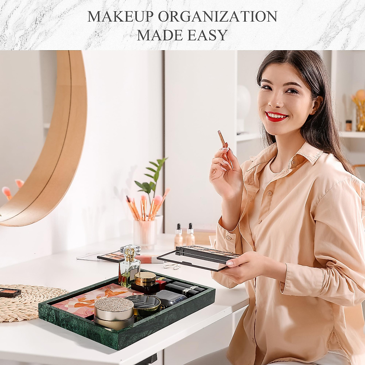 YMXYJM 100% Natural Marble Tray for Bathroom, Genuine Marble Stone Vanity Tray, Luxury Storage Trays for Kitchen, Vanity, Home Decor, Dresser, Non-Resin/Non-Ceramic, 12"x 8"x 1.2", Dark Green