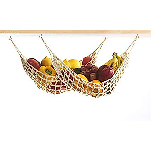 2 Pack Hanging Fruit Hammock - 2 Handwoven Cotton Produce, Banana, Macrame Fruit Hammocks For Kitchen Under Cabinet + 4 PCS Hooks - Storage That Saves Counter Space at Home, Boat, or Rv