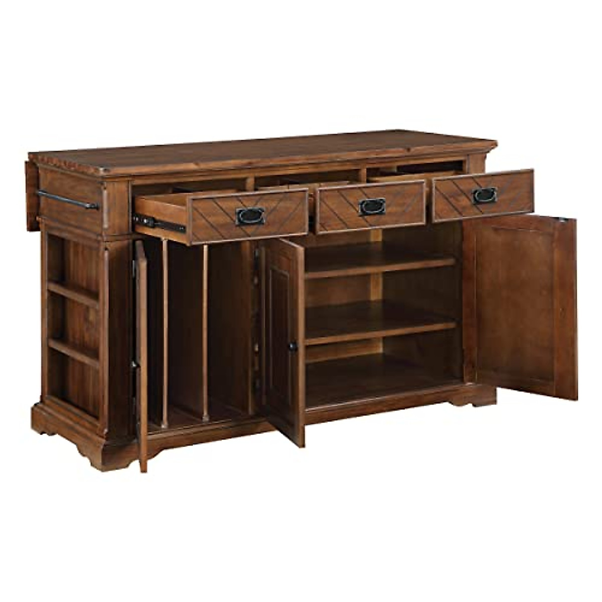 OSP Home Furnishings Palisade Kitchen Island with 3 Drawers and Cabinets with Adjustable Shelves and Pan Storage, Oak Finish