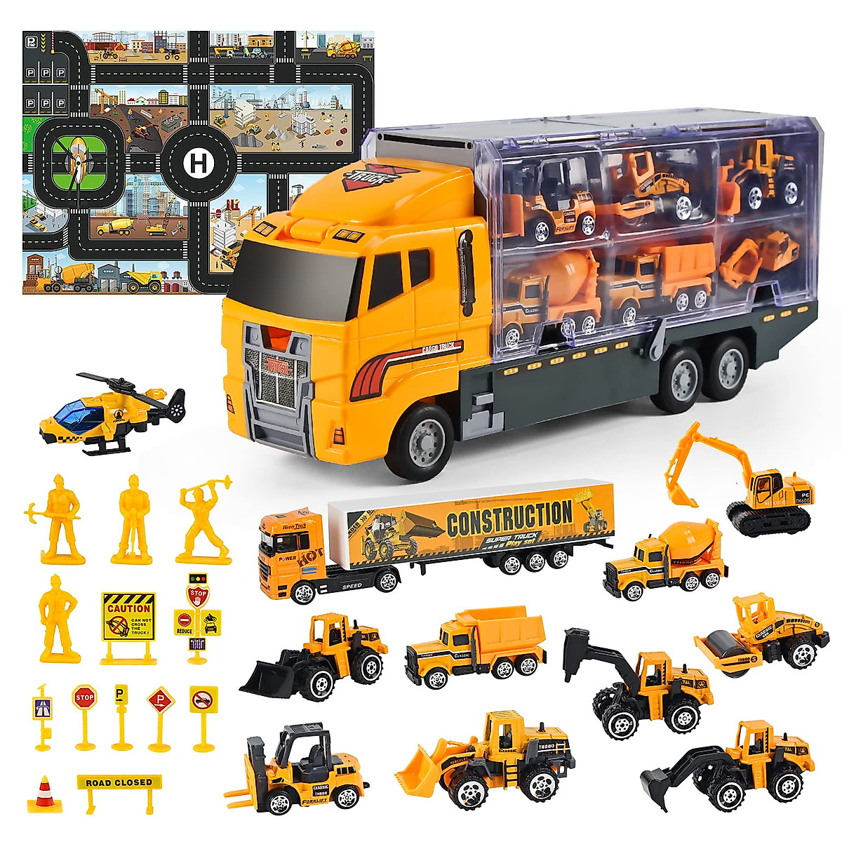 Hapavis Cars Toys for Kids Construction Trucks 26 in 1 Diecast Engineering Vehicles Toy Set with Playmat for Children Boys Kids 3 4 5 6 Years Old