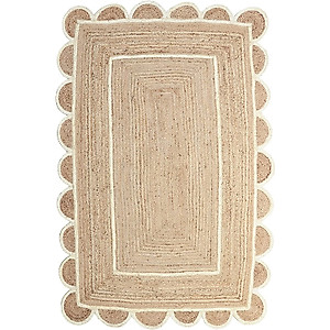 KALVEERA Scalloped Natural Jute Area Rug, Colored Trim (Off White, 11'x14')