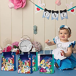 16 Pcs Alice in Wonderland Party Paper Gift Bags, 2 Styles Party Favor Bags with Handles for Alice in Wonderland Party Decorations, Goody Bags Candy Gift Bags for Girls Boys Birthday Party Supplies Favors