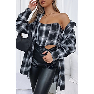 CHYRII Womens Button Down Flannel Shirts Long Sleeve Plaid Shacket Business Casual Tops Black XL