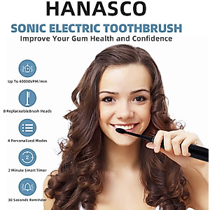 Hanasco Sonic Electric Toothbrush for Adults, 4 Modes with 2 Minute Timer, 8 Brush Heads Included, Whitening Clean 4 Hours Charge for 100 Days Use, Soft Bristles, 38,000 VPM Black