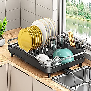 PXRACK Dish Drying Rack, Expandable(11.5"-19.3") Dish Rack for Kitchen Counter, Dish Rack and Drainboard Set, Dish Drainer with Utensil Holder for Kitchen Sink, Black