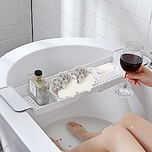 Bathtub Caddy Tray, Expandable Bath Shelf, Adjustable Plastic Bathtub Caddy, Bathroom Tray, Bathtub Accessories & Bathroom Gadgets - Unique Gift Idea (7Wx31Lin, White)