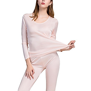 Grenasasilk Womens Silk Long Underwear Mulberry Silk Long Johns Silk Thermal Underwear Sets Cold Weather Base Layer (L, Flechcolor)