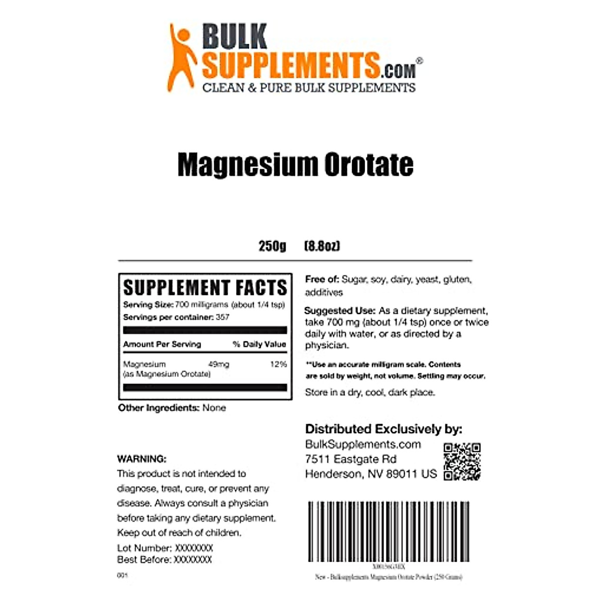 BulkSupplements.com Magnesium Orotate Powder - Magnesium Supplement, High Absorption Magnesium, Magnesium Orotate Supplements - Gluten Free, 700mg (49mg of Magnesium) per Serving, 250g (8.8 oz)