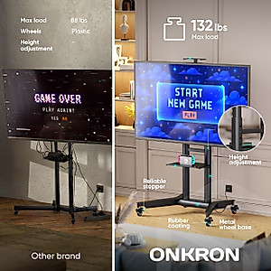 ONKRON Mobile TV Stand on Wheels for 32-75 Inch TVs up to 132 lbs, Height Adjustable TV Stand Portable 200x200-600x400 VESA Mobile TV Cart Rolling TV Stand with Shelf/TV Movable Stand Black